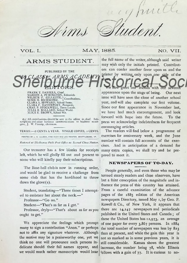 Arms Academy Yearbooks, 1880s – Shelburne Historical Society